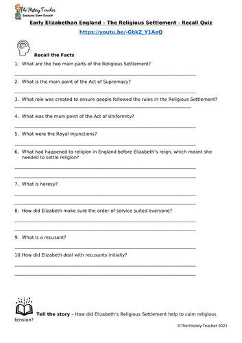 EEE The Religious Settlement - Editable Worksheets | Teaching Resources