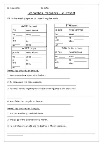 FRENCH VERBS - IRREGULAR - PRESENT TENSE | Teaching Resources