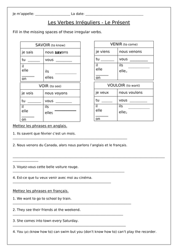 FRENCH VERBS - IRREGULAR - PRESENT TENSE | Teaching Resources