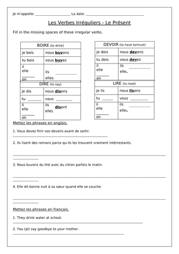 FRENCH VERBS - IRREGULAR - PRESENT TENSE | Teaching Resources