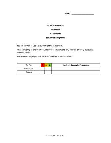 IGCSE Mathematics Foundation Assessment 3 Sequences and Graphs ... IGCSE Mathematics Foundation Assessment 3 Sequences and Graphs ...