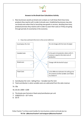 Break-Even Calculations Activity Worksheet | Teaching Resources