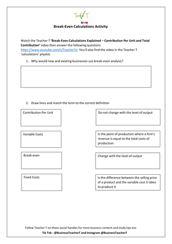 Break-Even Calculations Activity Worksheet | Teaching Resources