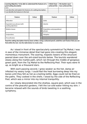 Identifying features of a setting description (Taj Mahal) | Teaching ...