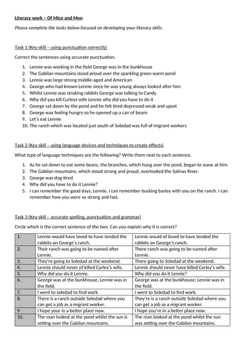 Of Mice and Men Literacy Skills | Teaching Resources