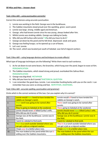 Of Mice and Men Literacy Skills | Teaching Resources