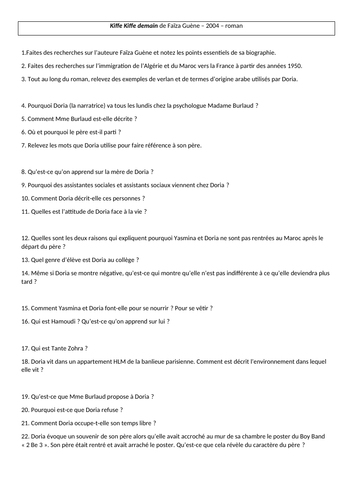Questionnaire de lecture Kiffe kiffe demain - Faïza Guène | Teaching ...