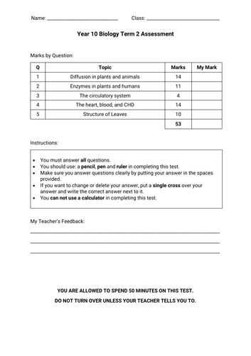 Year 10 Biology Assessment: Organisation (Humans and Plants) | Teaching ...