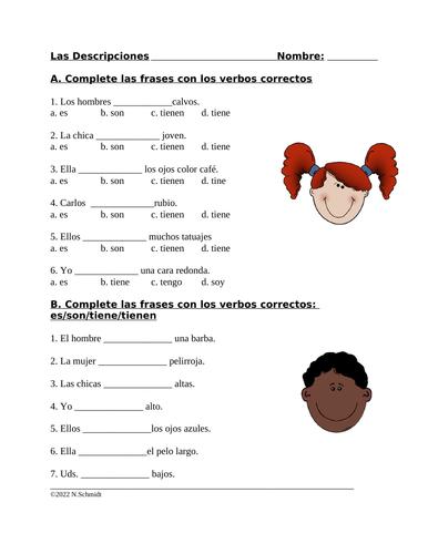 Las Descripciones Spanish Worksheet on using Tener/Ser | Teaching Resources