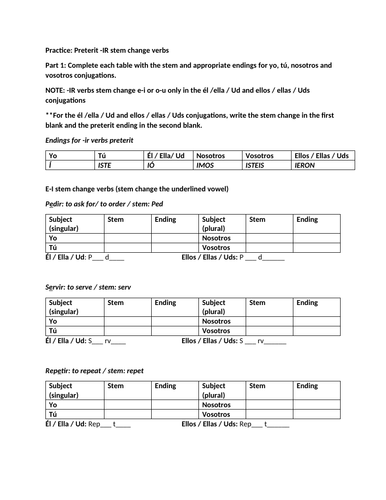 Preterit ir stem change verbs practice | Teaching Resources