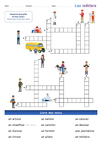 [French, basics 1st & 2nd grade] Crossword puzzles - "Les métiers ...