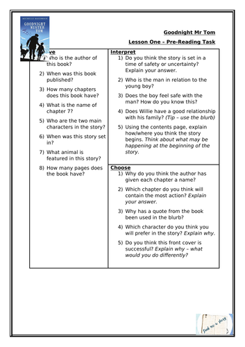 Goodnight Mr Tom Writing Unit | Teaching Resources