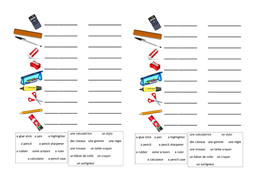 French pencil case contents using 'j'ai'. | Teaching Resources