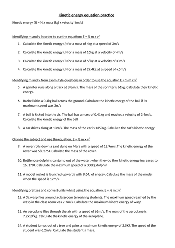 Kinetic energy calculations | Teaching Resources