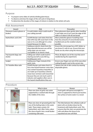 Act 3.9 Root tip squash recording sheet | Teaching Resources