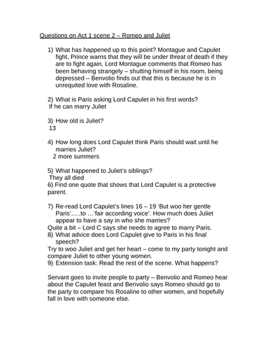 Romeo and Juliet Act 1 sc2 questions/ answers | Teaching Resources