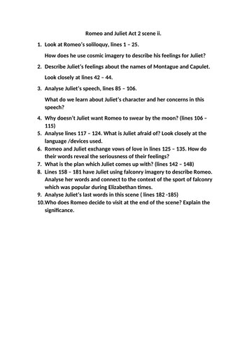 Romeo and Juliet Act 2 scene 2 question sheet | Teaching Resources