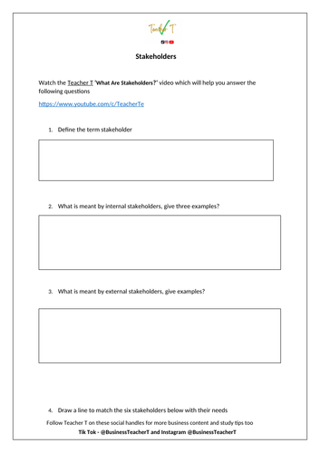Stakeholders GCSE and A Level Business Worksheet and Exam Question ...