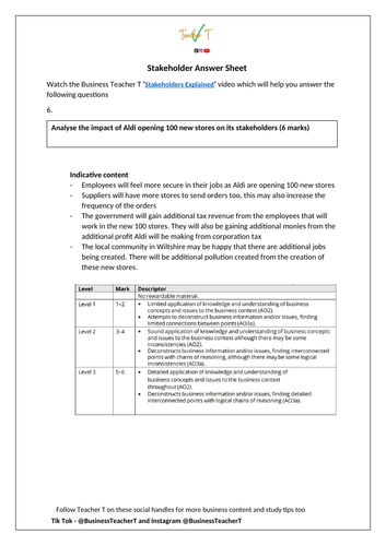 Stakeholders GCSE and A Level Business Worksheet and Exam Question ...
