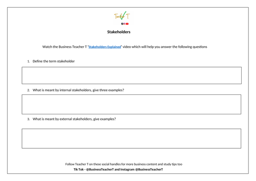 Stakeholders GCSE and A Level Business Worksheet and Exam Question ...