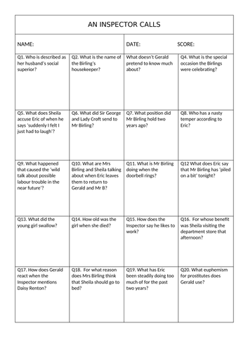 An Inspector Calls - Quiz | Teaching Resources