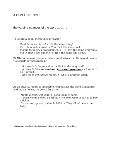 A LEVEL FRENCH the various nuances of the word "même" | Teaching Resources