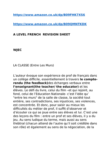 WJEC A LEVEL FRENCH revision sheet on La Classe / Entre Les Murs ...