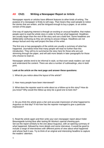 Analysing an example newspaper report & writing own report | Teaching ...