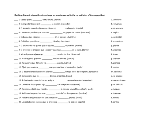 Subjunctive stem change sentences matching practice | Teaching Resources