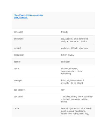 A /AS LEVEL FRENCH AQA WJEC LIST OF ADJECTIVES ambitious vocabulary ...