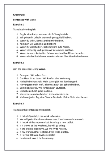 Wenn clauses / Sentences with wenn | Teaching Resources