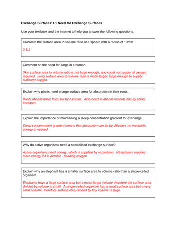 Exchange Surfaces: L1 Need for Exchange Surfaces | Teaching Resources