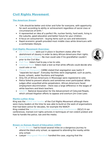 Civil Rights Movement: Summary Notes (KS3) | Teaching Resources