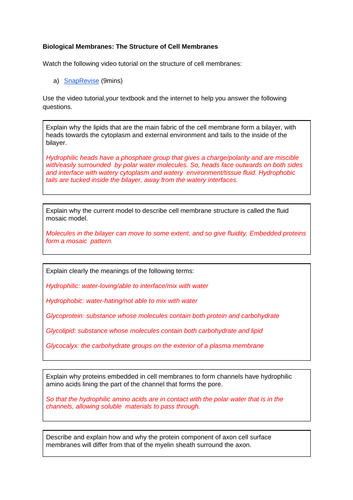 OCR Biology A 2.1.5 Biological membranes | Teaching Resources