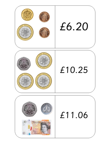 Maths: Dominoes for adding money: UK coins and notes matching card game ...