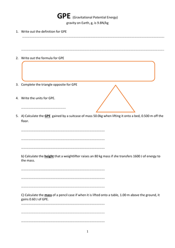 KS4 GCSE Physics: GPE Energy Formula worksheet with questions and ...