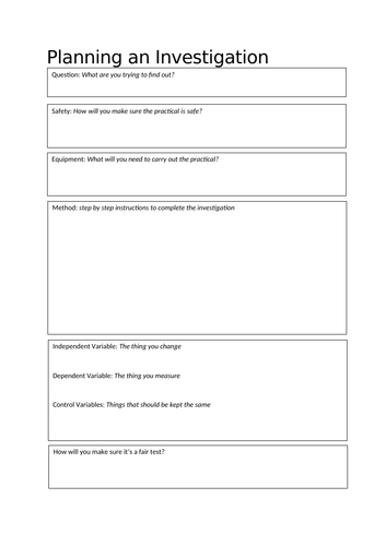 Planning an Investigation Support Worksheet | Teaching Resources