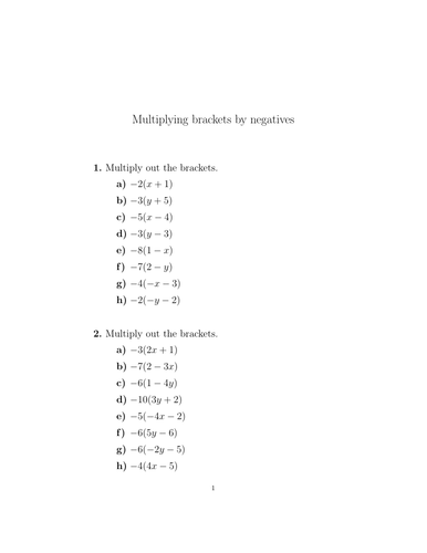 Multiplying brackets by negatives worksheet (with solutions) | Teaching ...