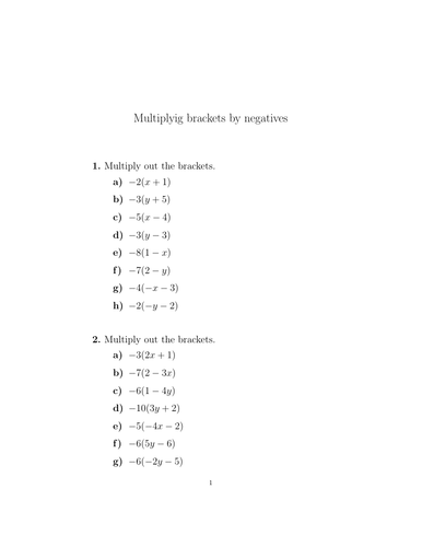 Multiplying brackets by negatives worksheet (with solutions) | Teaching ...