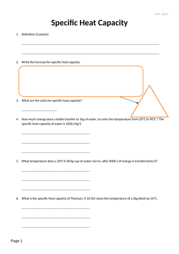 KS4 GCSE Physics: Specific Heat Capacity Formula Worksheet with ...