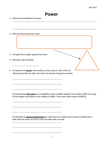 KS4 GCSE Physics: Power Formula Worksheet with questions and answers ...