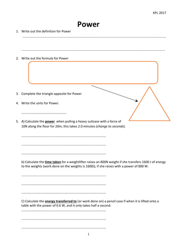KS4 GCSE Physics: Power Formula Worksheet with questions and answers ...