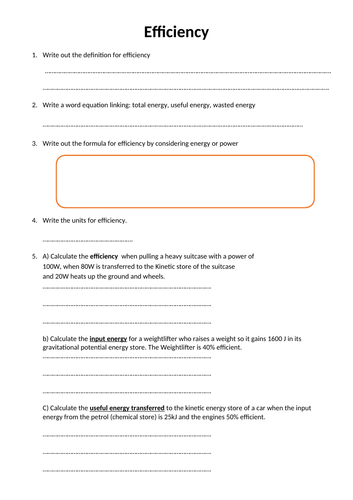 KS4 GCSE Physics: Efficiency Formula Worksheet with questions and ...