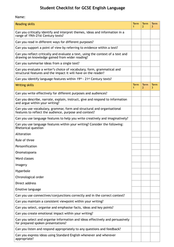 Student Checklist for GCSE English Language | Teaching Resources Student Checklist for GCSE English Language | Teaching Resources