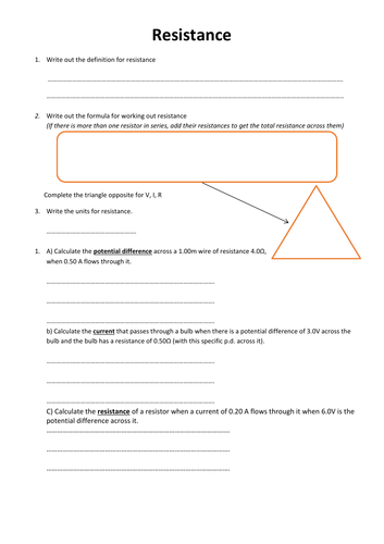 KS4 GCSE Physics: Resistance Electricity Formula Worksheet with ...