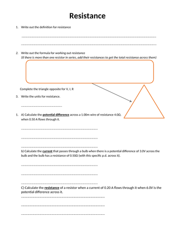 KS4 GCSE Physics: Resistance Electricity Formula Worksheet with ...