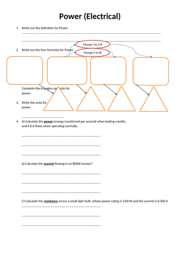 KS4 GCSE Physics: Electrical Power Formula Worksheet with questions and ...
