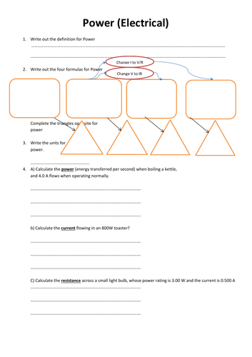 KS4 GCSE Physics: Electrical Power Formula Worksheet with questions and ...