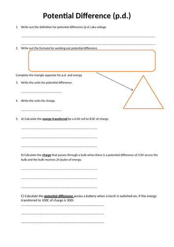 KS4 GCSE Physics: Potential Difference Voltage Formula Worksheet with ...