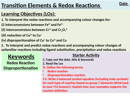 Transition Metals & Redox Reactions | Teaching Resources
